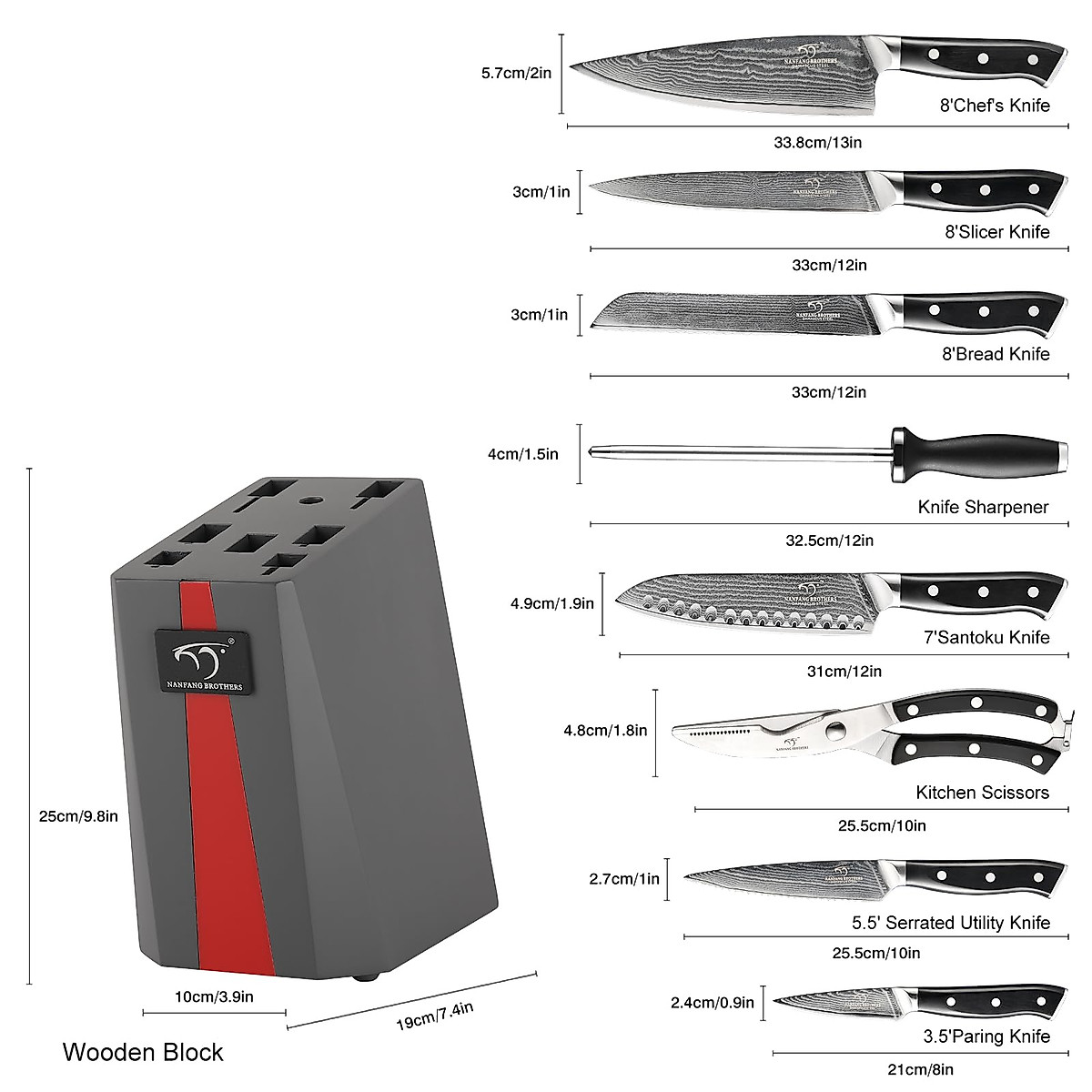 NANFANG BROTHERS Knife Set, 9 Pieces Damascus Kitchen Knife Set with Block, ABS Ergonomic Handle for Chef Knife Set, Knife Sharpener and Kitchen Shears, Knife Block Set