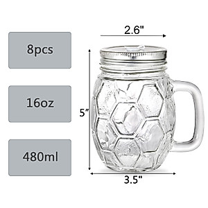 Hiceeden 8 Pack Glass Mason Jars with Lids and Straws, 16 Oz Mason Jar Drinking Glasses with Handle, Mason Mugs Cups with Honeycomb Pattern for Juice, Iced Coffee, Milk Tea, Smoothie, Cocktail