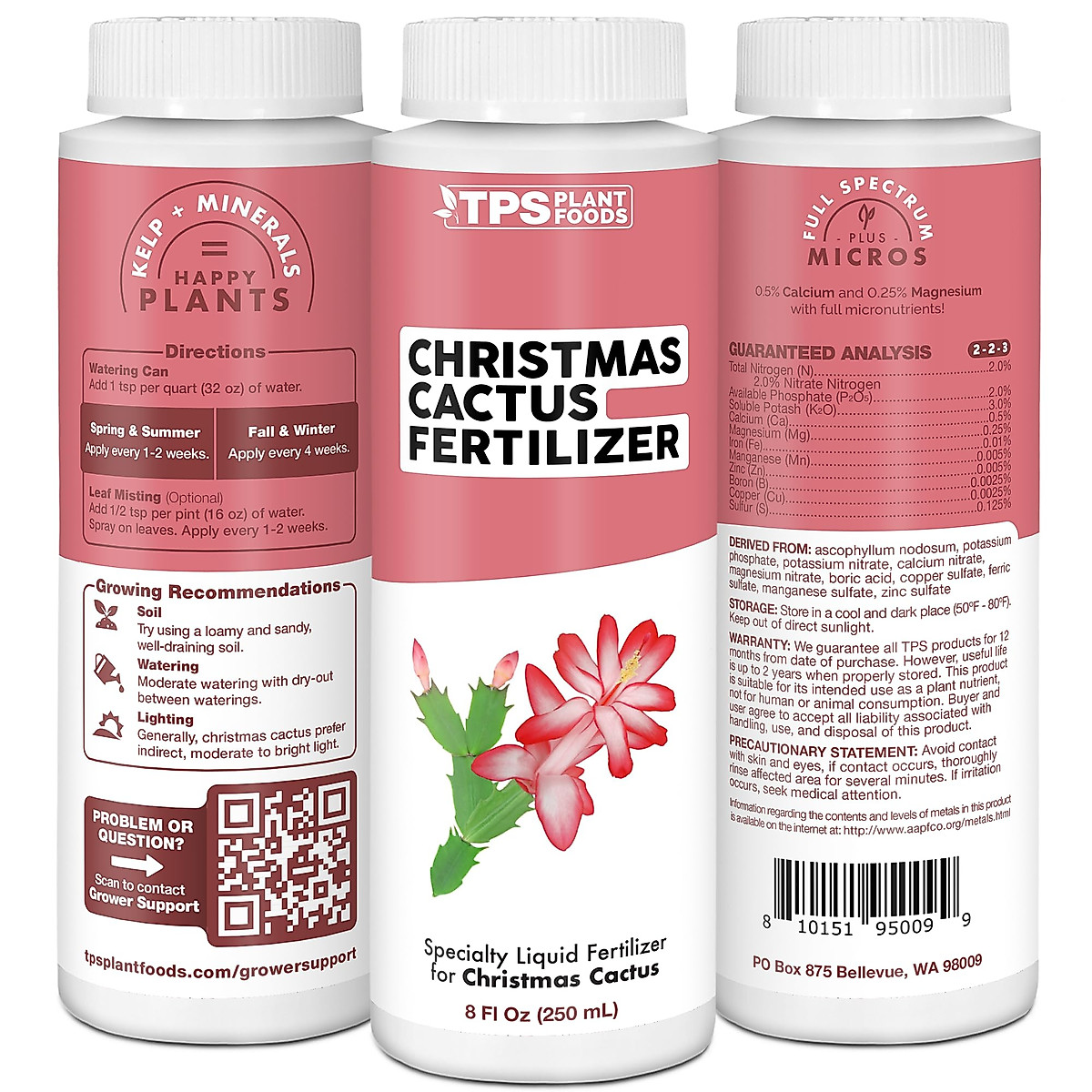 Christmas Cactus Fertilizer for All Christmas Cacti and Schlumbergera Cacti, Liquid Plant Food 8 oz (250mL)