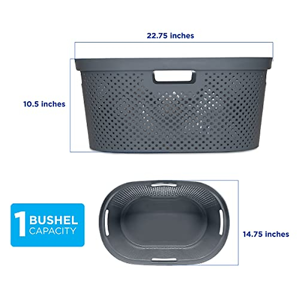 Clorox Laundry Basket Plastic - Portable Clothes Hamper with Handles - Short Storage Bin for Bedroom and Baby Nursery, 1 Bushel, Grey