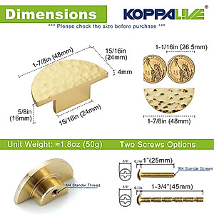KOPPALIVE 5-Pack Solid Brass Cabinet Knobs, Semicircle Gold Drawer Knobs, Hammered Dresser Drawer Pulls Handles, Modern Furniture Hardware for Kitchen, Length 1-7/8 Inch
