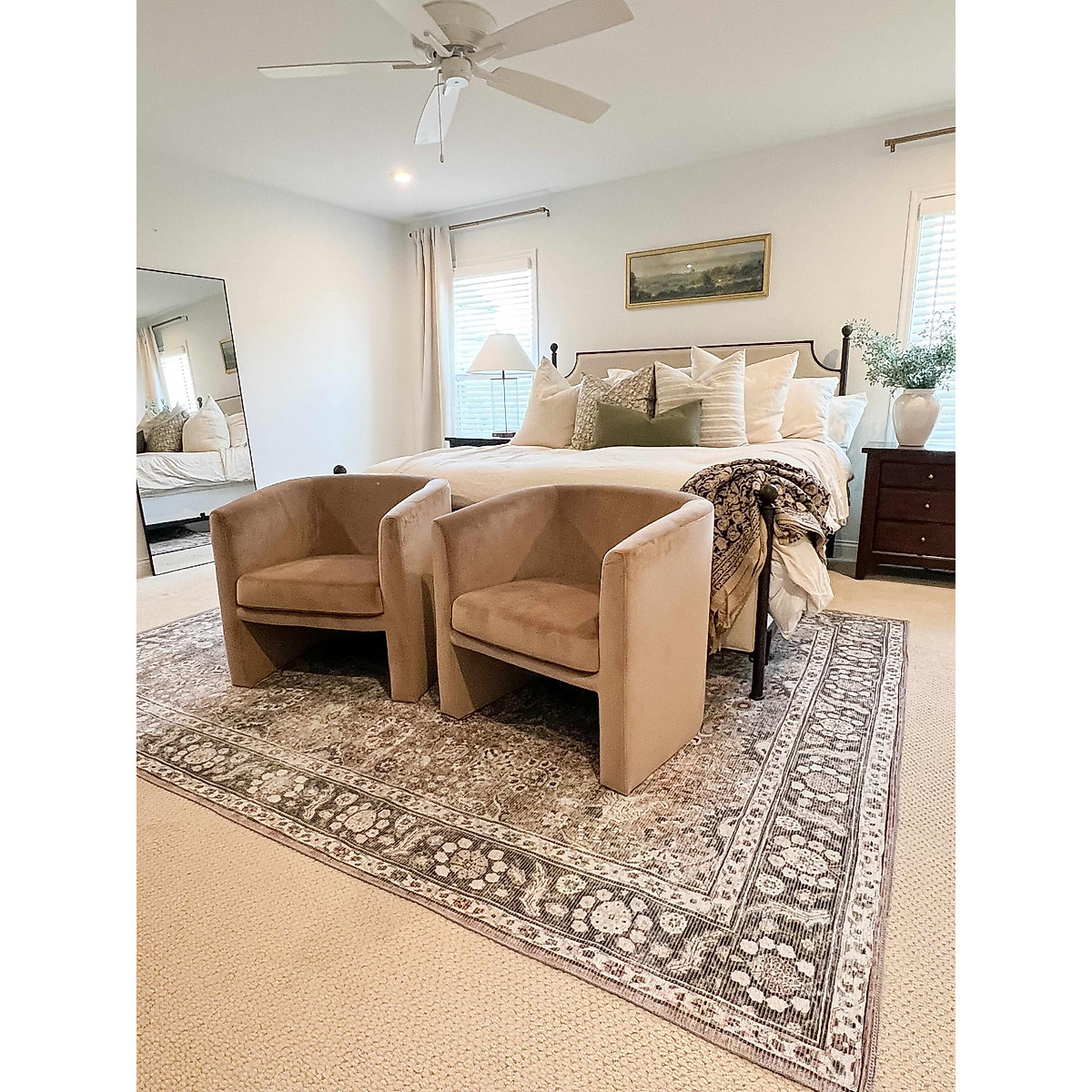 Hauteloom Ganyangan Boho Vintage Distressed Damask Area Rug - Farmhouse Traditional Floral Faded Carpet for Living Room, Bedroom - Machine Washable Rug - Brown, Taupe, Cream - 7'10" Square