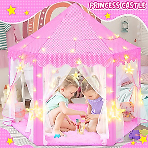 KIXINWA Pink Princess Tent for Girls, Kids Play Tent with LED Large Star Lights, Castle Playhouse Tent for Children Toddlers Indoor Outdoor Games, 55×53 Inches