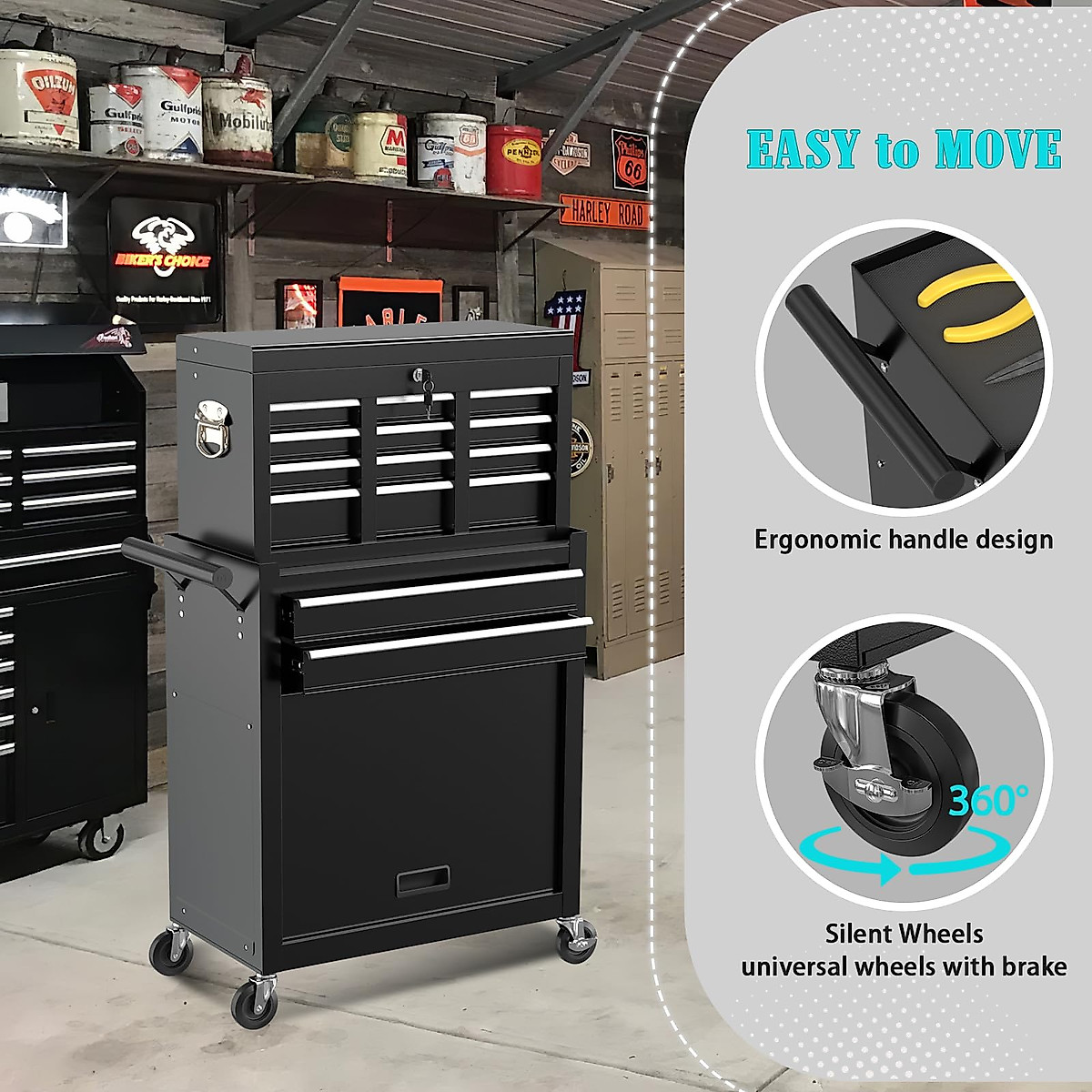 Yenntrss 8-Drawer Rolling Tool Chest & Removable with Wheels,Large Tool Storage Cabinet with Drawers for Garage,Toolbox Organizer with Lock for Mechanics,Warehouse,Worlshop (Black)