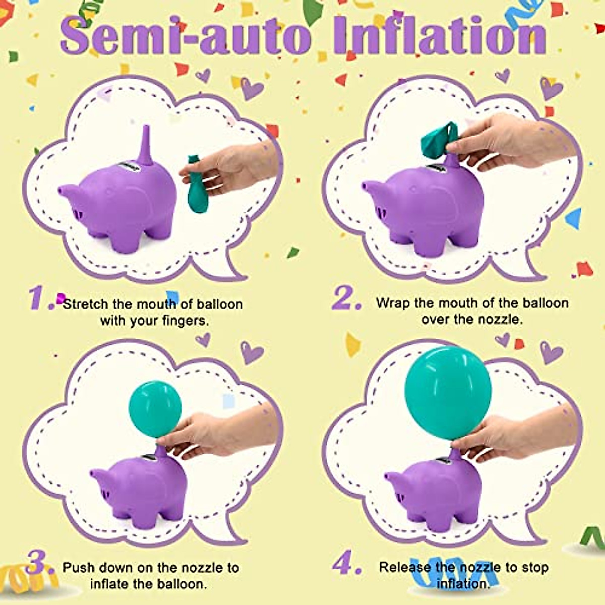Balloon Pump,AcmyslaT Electric Balloon Pump Kit 600W 110V,Cute Elephant Balloon Air Pump with Tying Tool,Dot Glue,Flower Clip for Party/Wedding/Christmas/Birthday/Ceremony Decoration (Purple)