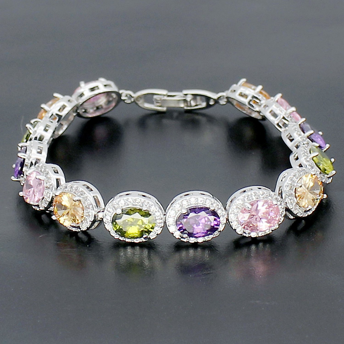 Oval Ladies Tennis Bracelet Garnet White Topaz Amethyst Citrine Peridot Pink Topza 7 inch (Multi Genstones)