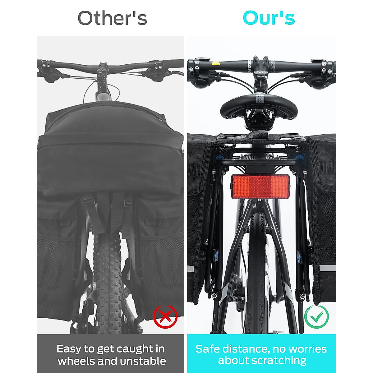 Sportneer Bike Bag - 29L Waterproof Bike Panniers Grocery Bag with Adjustable Hooks & Large Pockets - Bike Rack Bag with Reflective Trim & Rain Cover for Width Less Than 5.5'' Bike Rack