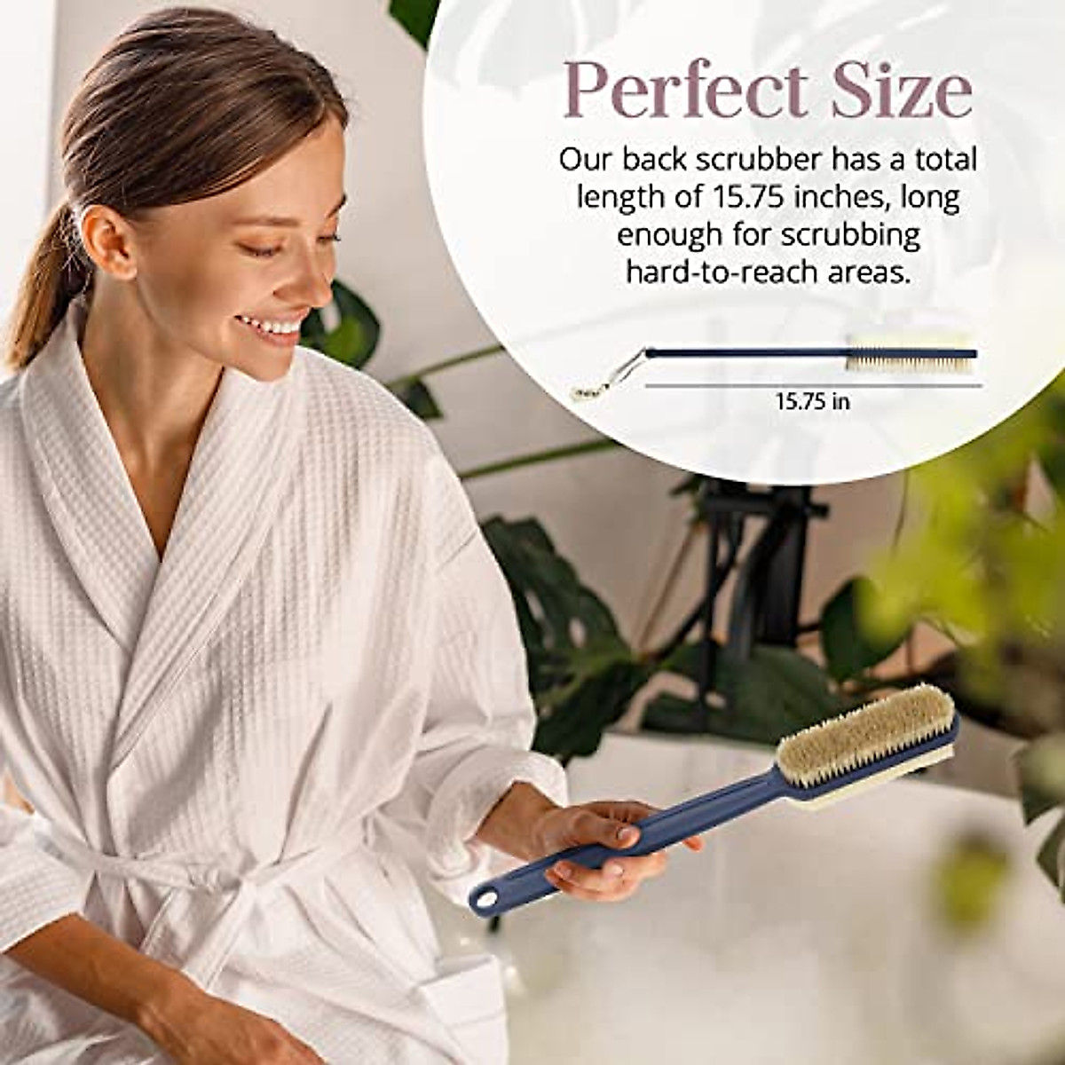 MainBasics Shower Brush Back Scrubber Dual-Sided Body Brush Long Handle with Soft and Stiff Bristles for Dry & Wet Brushing (Navy Blue)
