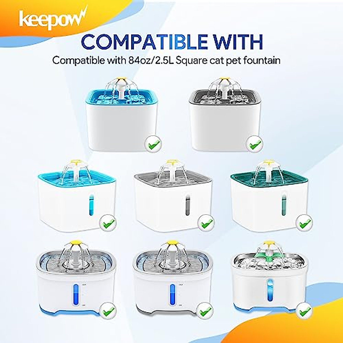 KEEPOW Cat Fountain Filter, 6 Pack Pet Filter Replacement for 84oz/2.5L Square Cat Fountain Dog Water Dispenser, Triple Filtration System