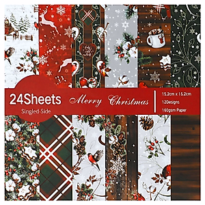 PUIKSXER 6"x6" Merry Christmas Scrapbook Paper Pad, 24 Sheets Plaid Snowflake Deer Pinecone Wood Texture Pattern Paper Single-Sided Holiday Craft Paper for Junk Journal Card Making Album Party Decor