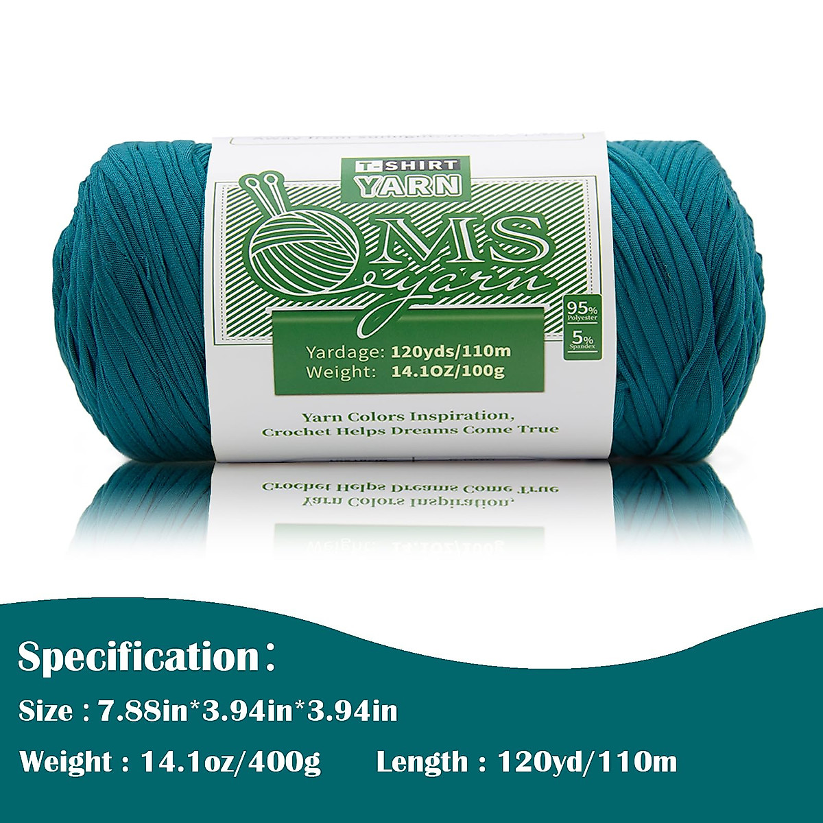 MSyarn 400g T Shirt Yarn, Tshirt Crochet Yarn for Crocheting Bag/Craft Project/Home Decor, 14.1oz/400g, 120yd/110m Crochet with Polyester Spandex Blend Stretch Fabric(Peacock Blue)