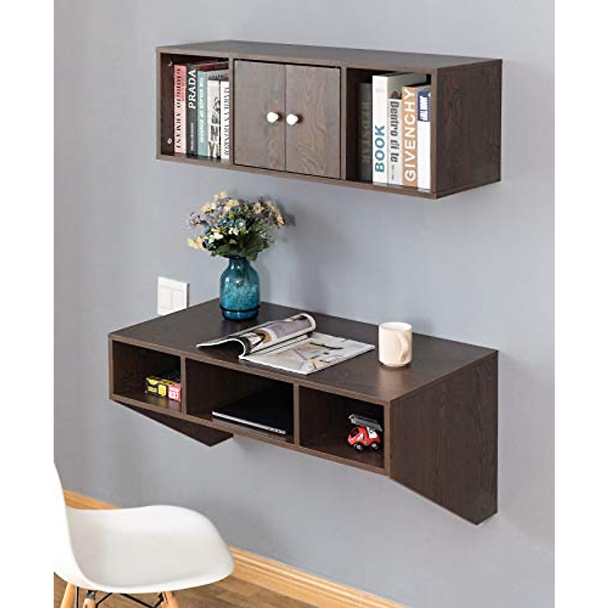 Basicwise Wall Mounted Computer Cabinet Floating Hutch, Brown