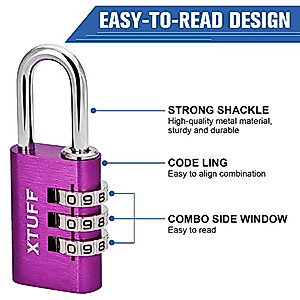 XTUFF Combination Lock-3 Digit Resettable Outdoor Waterproof Password Aluminum Lock, for School Gym Employee Sports Locker, Fence, Toolbox, Gate, Case, Suitcases, Set Your Own Combo Keyless Purple