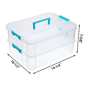 JUXYES 2-Tiers Stack Carry Storage Box With Handle, Transparent Stackable Storage Bin With Handle Lid Latching Storage Container for School & Office Supplies (Blue)