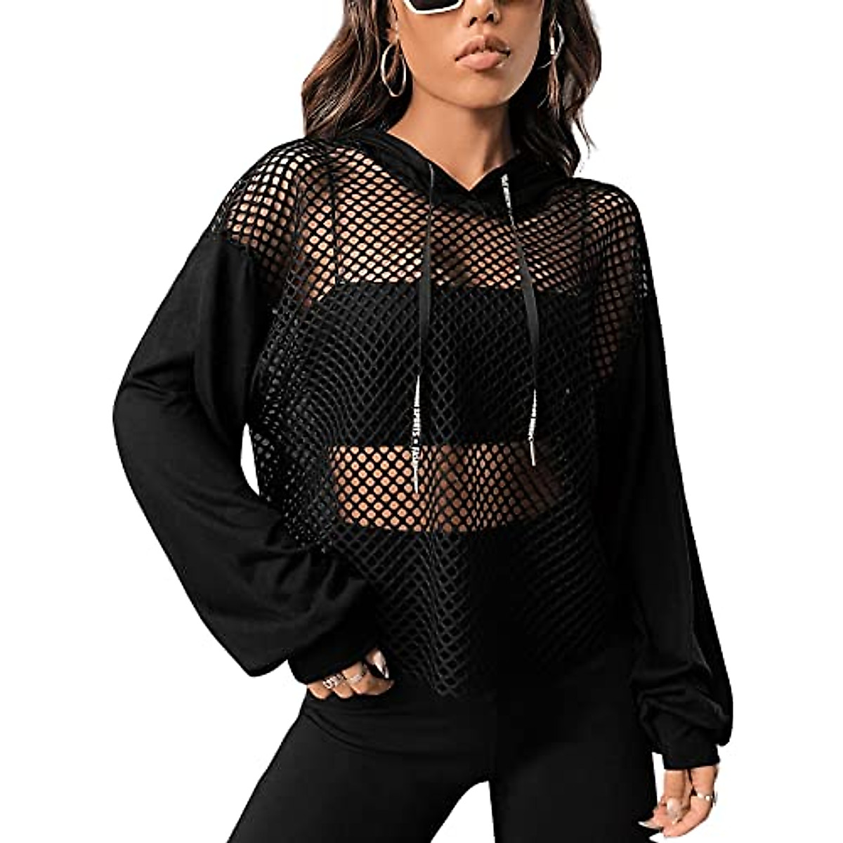 Verdusa Women's Sexy See Through Fishnet Long Sleeve Drawstring Hoodie Top Sweatshirt Black M