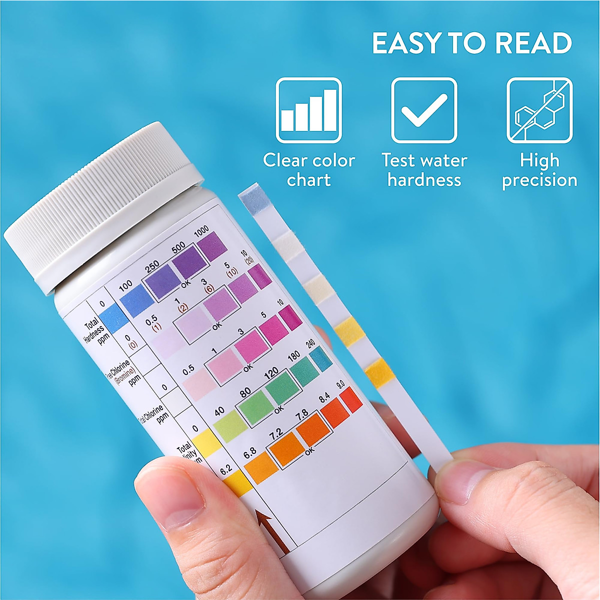 BOSIKE 6 in 1 Hot Tub Test Strips - 125 ct - Water Testing Kit for Swimming Pool & Spa - Tester for Hardness, Total & Free Chlorine, Bromine, Alkalinity & pH
