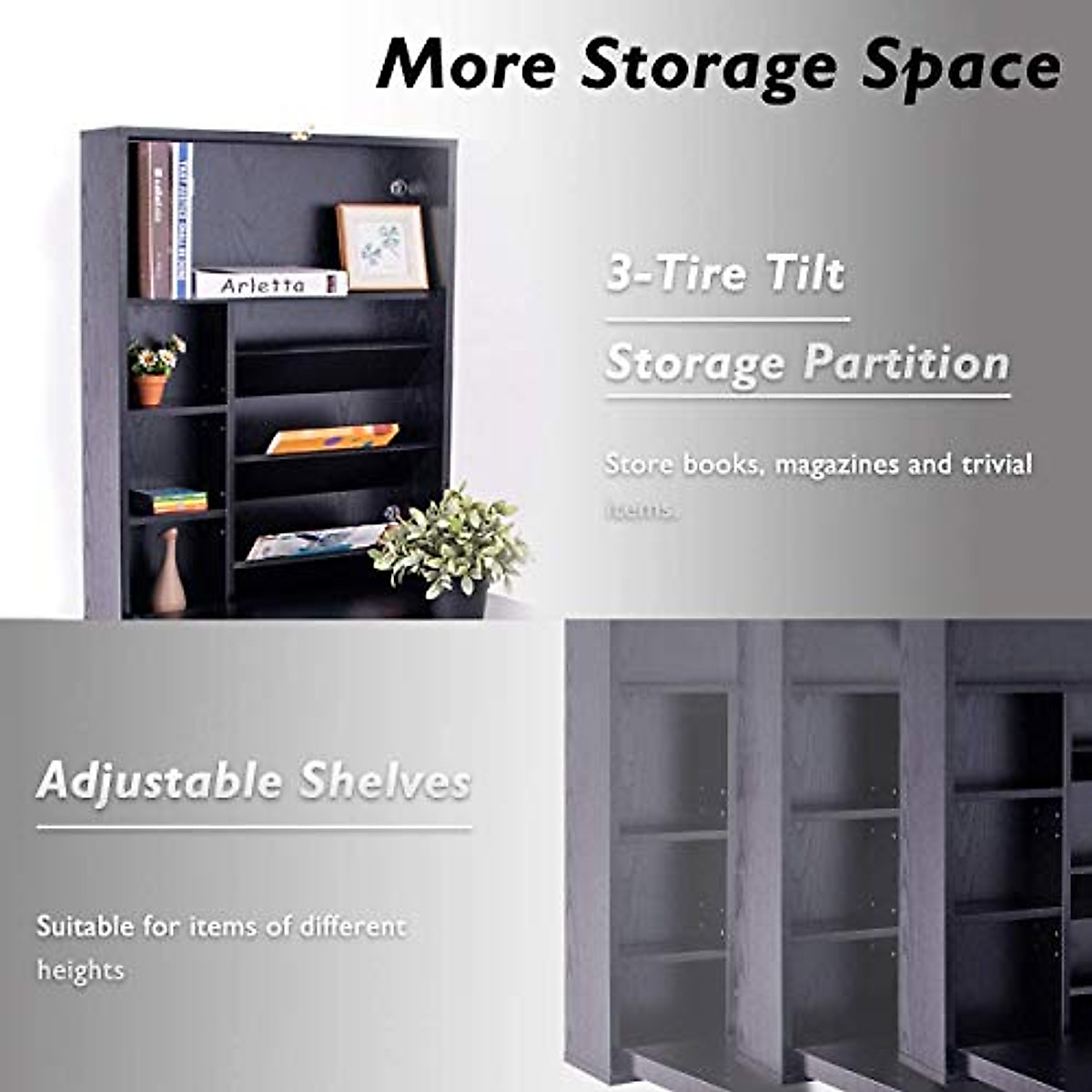 Nightcore Wall Mounted Table w/Classified Storage Space, Foldable Multiple-Purpose Desk, Sturdy Wood Structure, Floating Convertible Desk/Cabinet for Apartment, Narrow Place and Limited Room (Black)