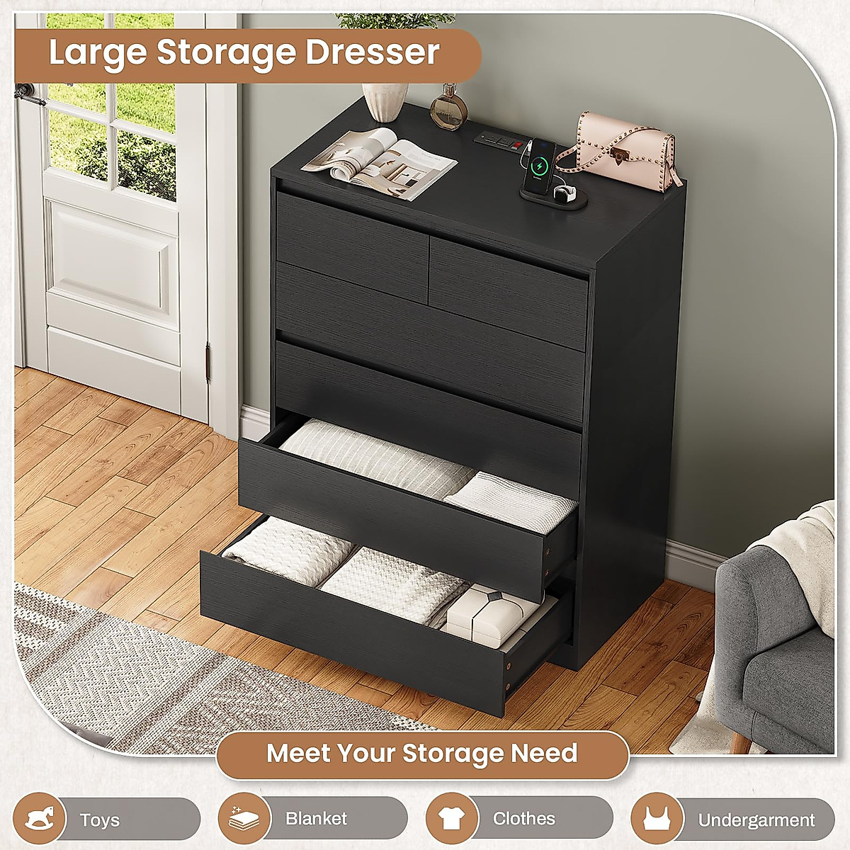 AOGLLATI Black Dresser for Bedroom, Modern Tall Dresser with 6 Drawers, Dressers & Chest of Drawers with Charging Station Handle Free,Wooden 6 Drawer Dresser for Bedroom Living Room,Black