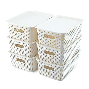 AREYZIN Plastic Storage Baskets With Lids Stacable Organizing Container Lidded Knit Storage Organizer Bins for Shelves Drawers Desktop Closet Playroom Classroom Office, Grey and White