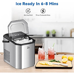Zstar Ice Maker Countertop with Bullet Ice, 26Lbs/Day, Stainless Steel Portable Ice Machine w/Ice Scoop, 45lb Quiet Design, Self-Cleaning Function and Timer Function for Kitchen Office Home Cafe Bar