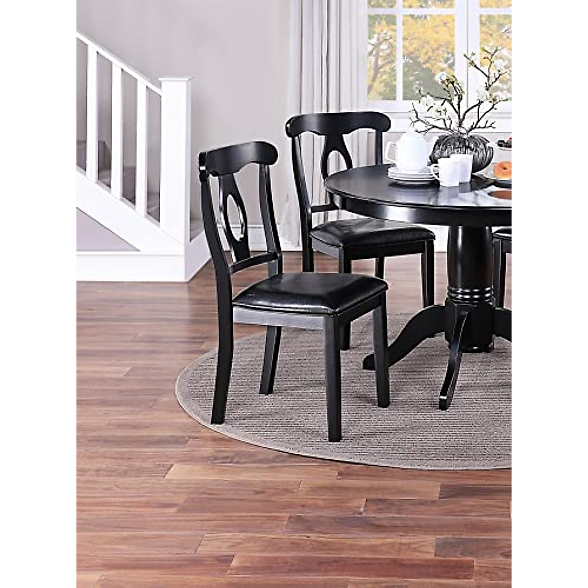 LCH Classic Design 5pc Set,Round Table with 4 Side Upholstered Chairs Cushion Fabric Upholstery Seat,Rubberwood Black Color Furniture for Dining Romm,Living Room,Easy to Assemble