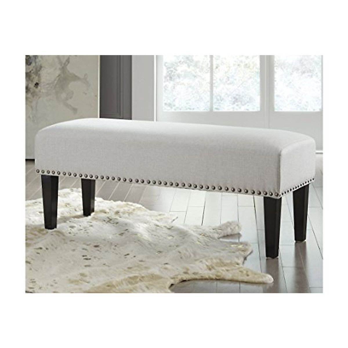 Signature Design by Ashley Beauland Contemporary Upholstered Accent Bench with Nailhead Trim, Beige