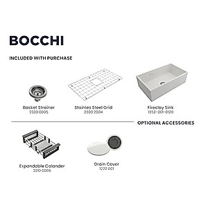 BOCCHI Contempo Farmhouse Apron Front Fireclay 33 in. Single Bowl Kitchen Sink with Protective Bottom Grid and Strainer in White