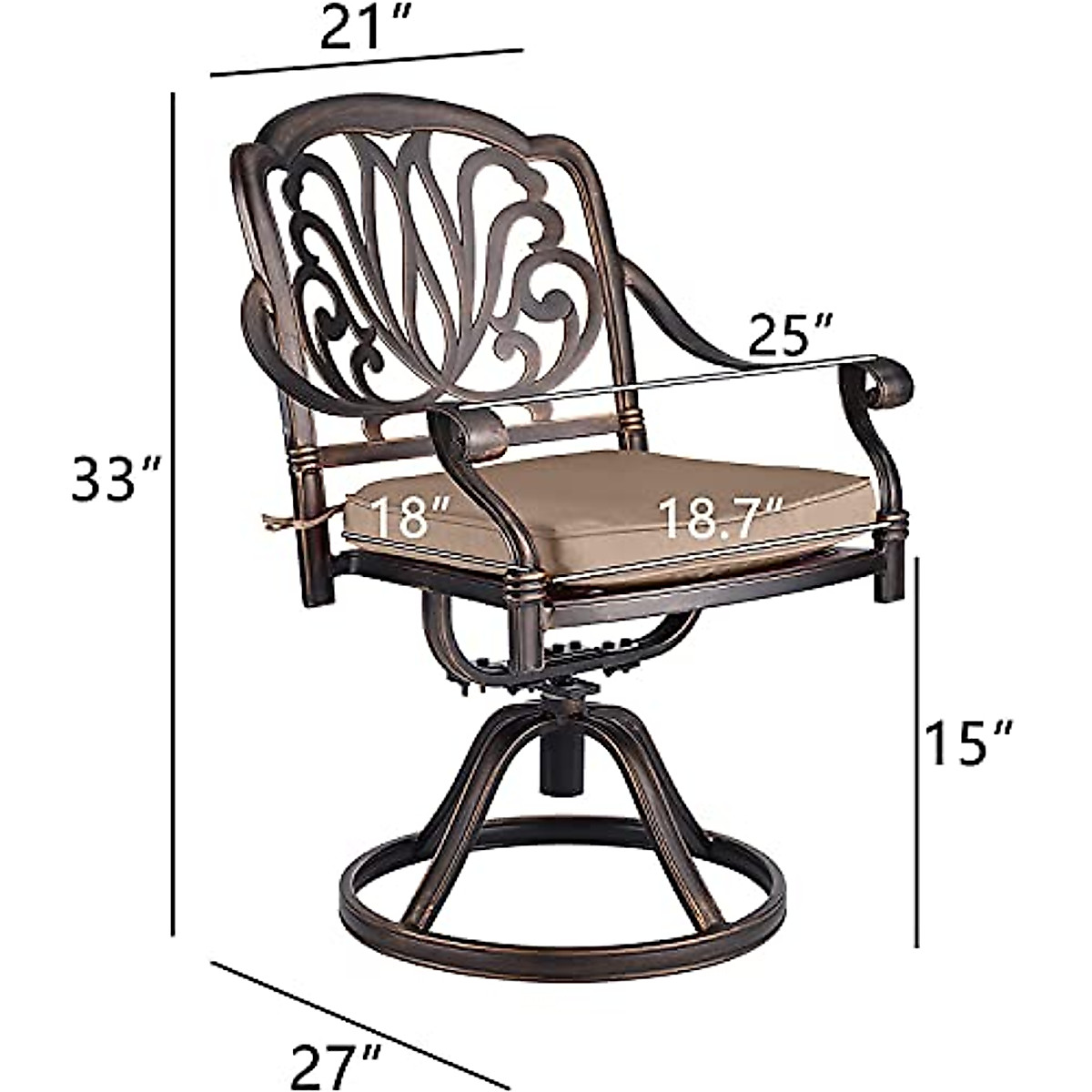 TITIMO 2 Piece Outdoor Bistro Dining Chair Set Cast Aluminum Dining Chairs for Patio Furniture Garden Deck Antique Bronze (Swivel Rocker Chairs with Khaki Cushions)