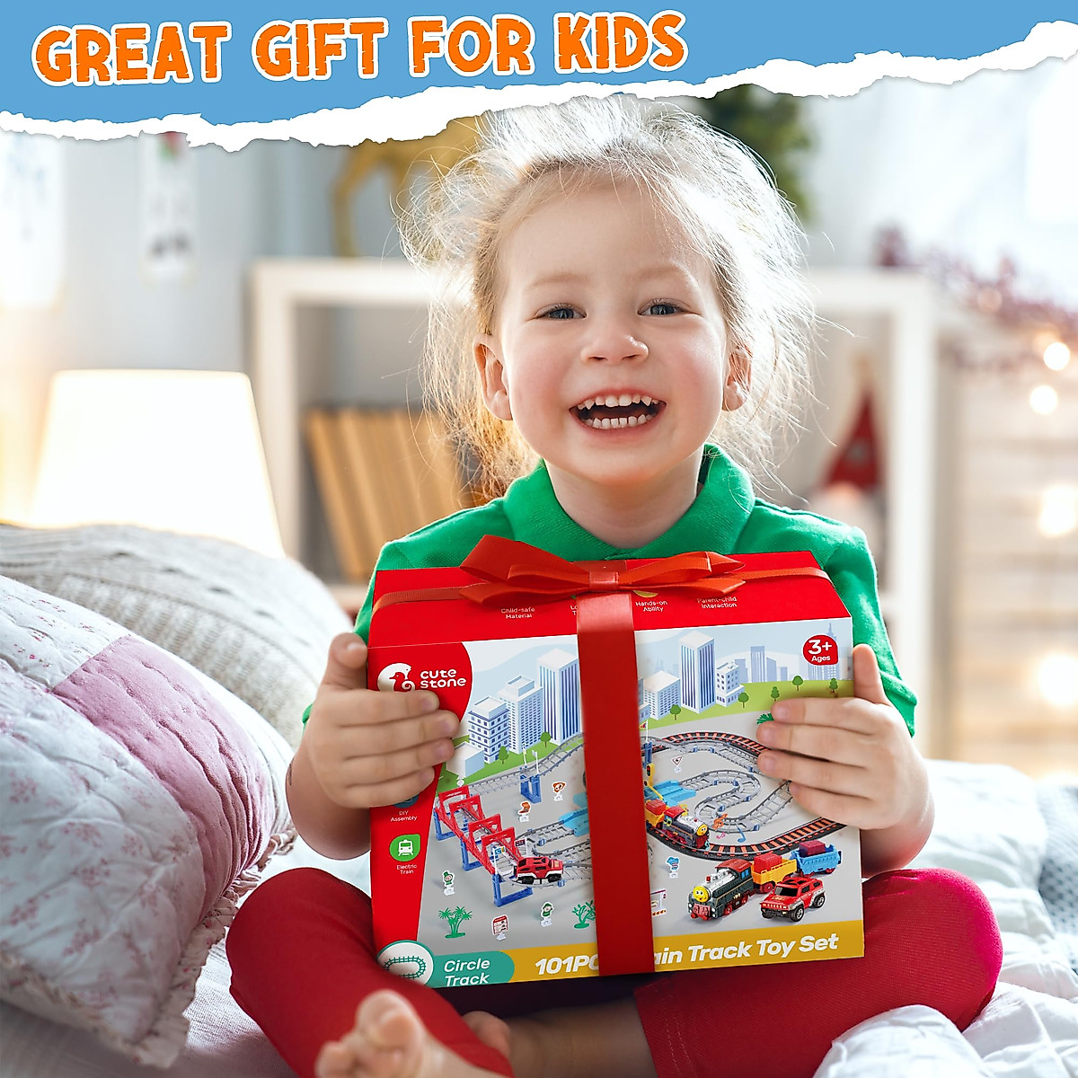 CUTE STONE Toy Train Set for Toddler, Train Track Set with Cars, Electric Train with Realistic Sound, Train Track Playset for 3 4 5 Years Old Girls & Boys