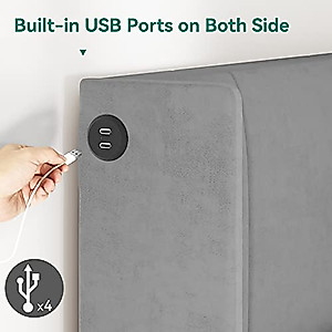 YITAHOME Queen Bed Frame with Storage Drawers, Upholstered Headboard, USB Charging Ports, Wood Slats Support, Grey