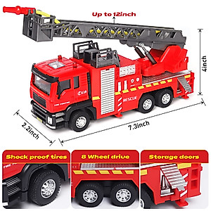 Geek Cheers Real Fire Truck Toy, Alloy Model Functional Firetruck with Water Pump, Extendable Rotating Rescue Ladder, Lights & Siren Sounds, Friction-Powered Car for Gift for Boys Girls Ages 3+