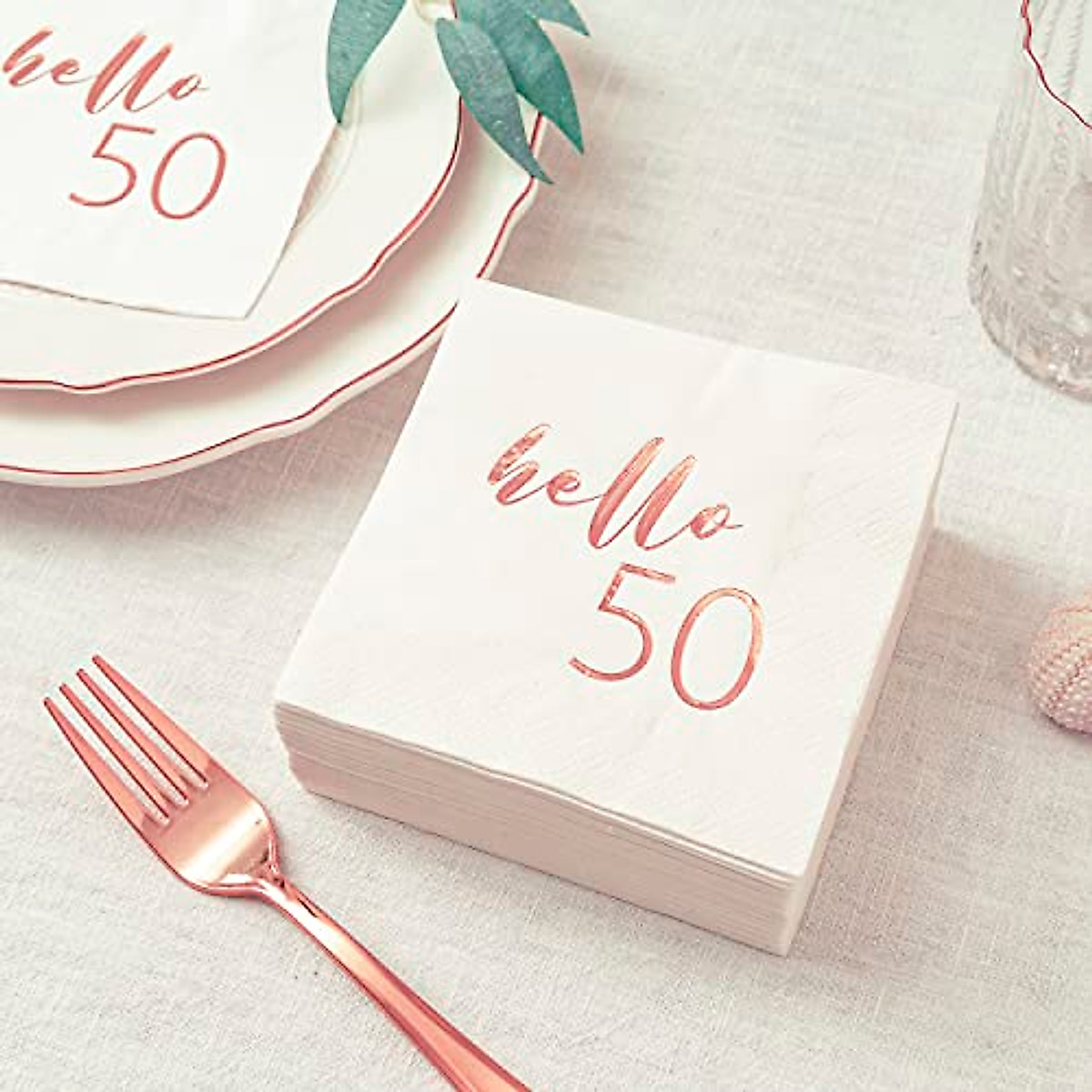 Crisky Rose Gold Hello 50 Cocktail Napkins for Women 50th Birthday Decorations, 3-Ply 50th Birthday Disposable Cake Beverage Dessert Napkins, 50 Pcs