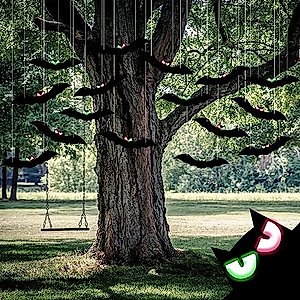 16Pcs Halloween Decorations Scary Black Bat with Glowing Eyes Hanging Decor Party Decor for Home Yard Sign Outdoor Lawn
