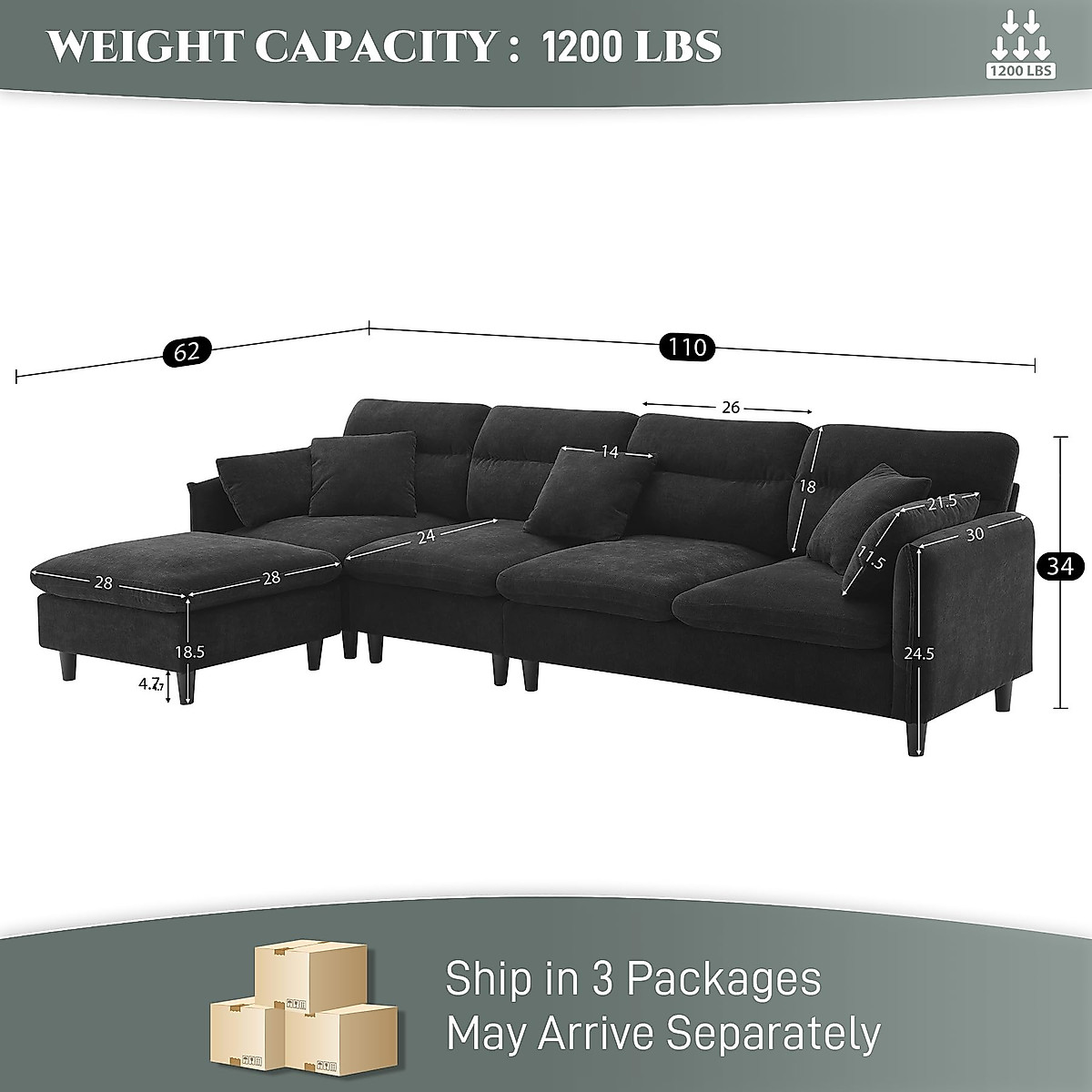 ONEMMLION L Shape Sectional Cloud Couches for Living Room, 110" Comfy Modular Sectional Sofa with Ottoman, Modern Fluffy Chenille 5-Seater Convertible Sofa Set with Chaise Lounge, Black