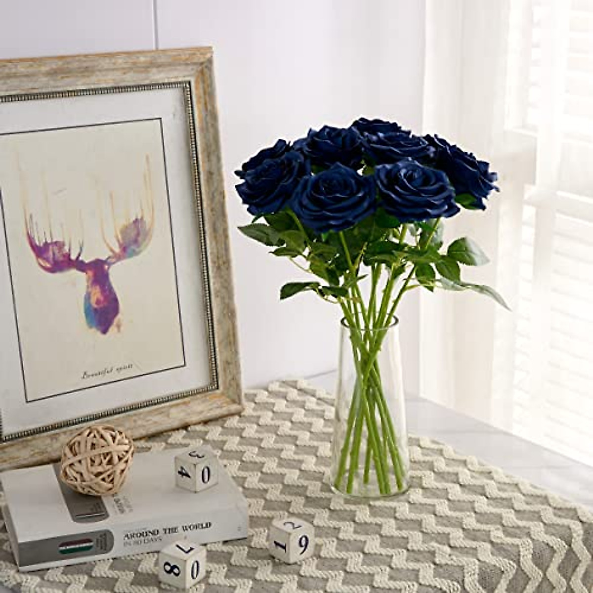 IUKnot Artificial Rose 10pcs Open Flower Bouquet Navy Blue Faux Rose Stems for Wedding Arrangement, Bridal Bouquet, Centerpiece, Fake Faux Silk Flowers