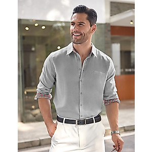COOFANDY Men's Casual Oxford Shirts Long Sleeve Linen Button Down Shirt Business Dress Shirt Light Grey