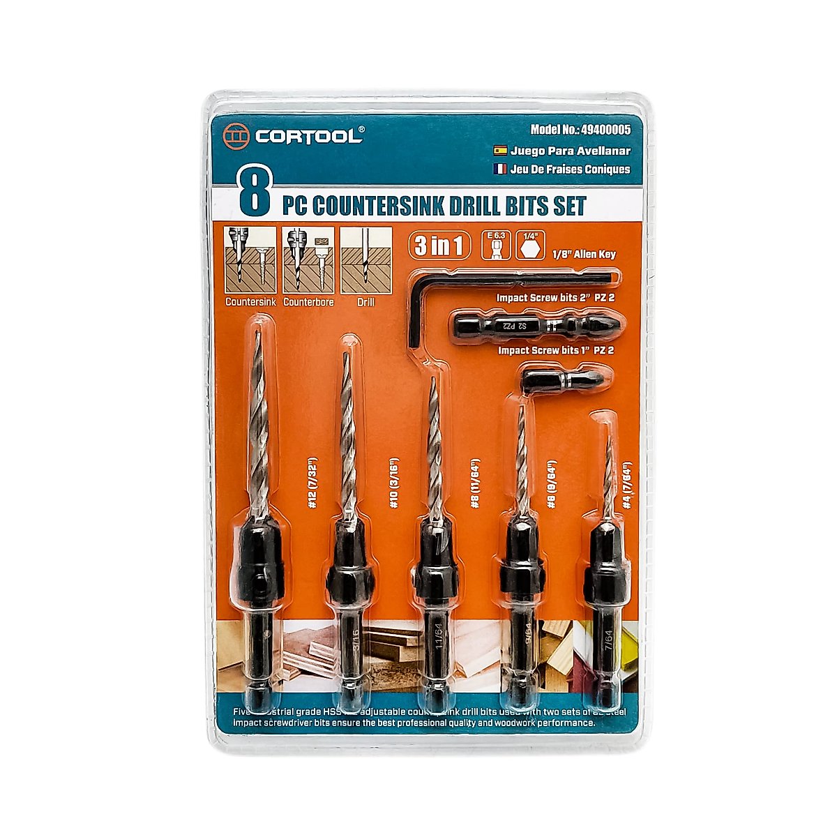 Countersink Drill Bit Set for Wood Countersink Drill Bit with 1/4" Hex Shank Quick Change, Impact Screwdriver Bits and Allen Wrench, 8-Piece Countersinker Drill Bit Set for Woodworking