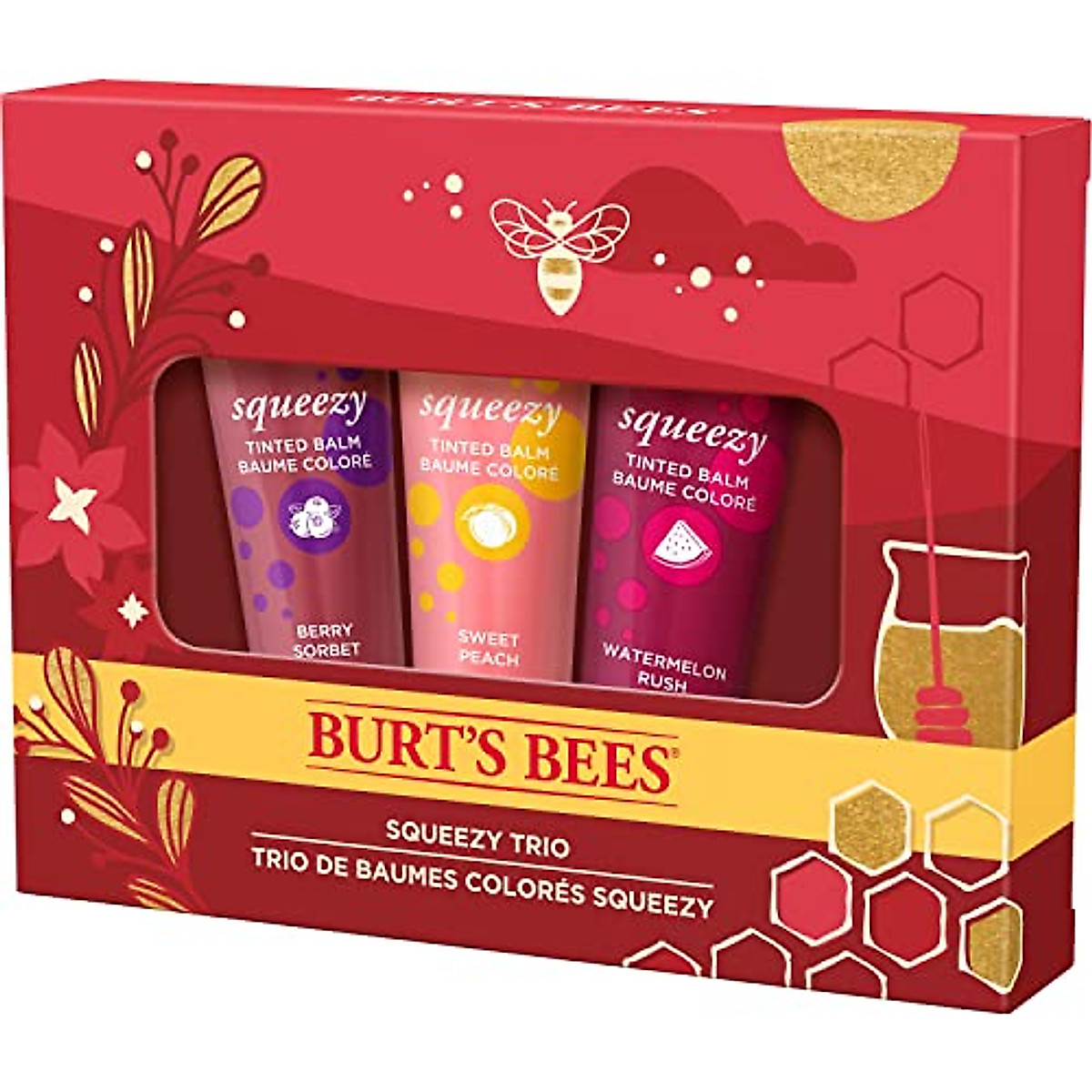 Burt's Bees Christmas Gifts, 3 Lip Care Stocking Stuffers Products, Squeezy Trio Tinted Lip Balm Set - Berry Sorbet, Sweet Peach & Watermelon Rush