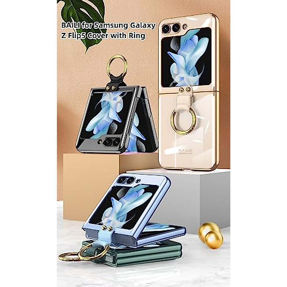 BAILI for Samsung Galaxy Z Flip5 Cover with Ring,Crystal Hard PC Galaxy Z Flip 5 Case with Small Screen HD Explosion-Proof Glass Film Transparent Cover for Samsung Galaxy Z Flip5-Purple