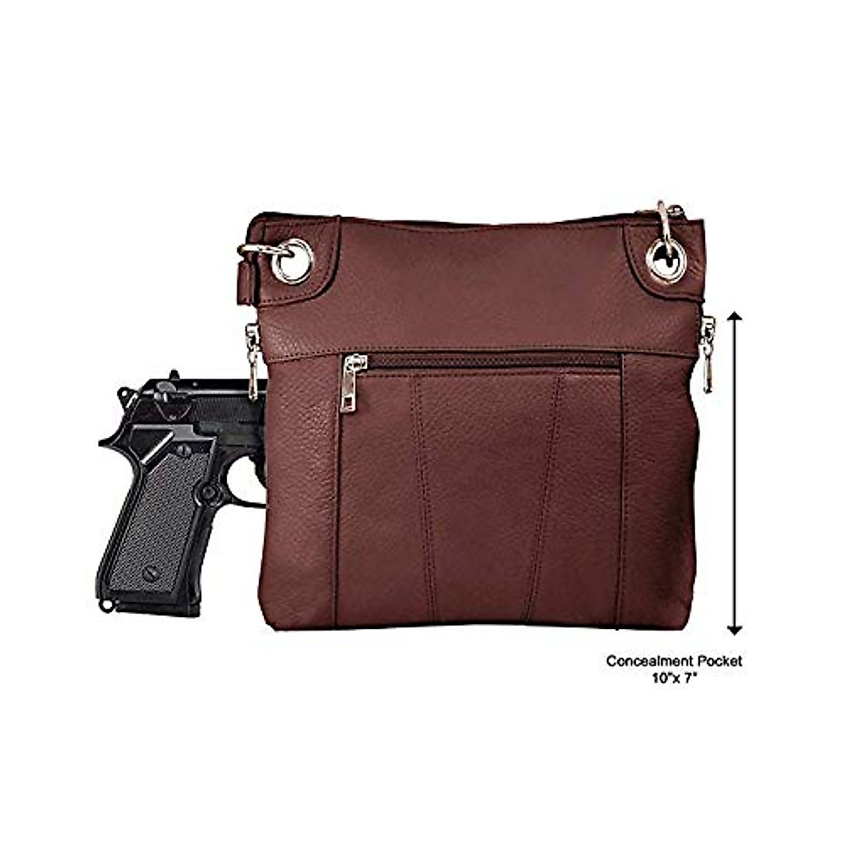 Concealed Carry Cross Body Leather Gun Purse with Locking Zipper (Brown)