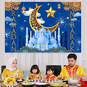 Large 71" X 49" Ramadan Backdrop, Ramadan Decorations for Home, Ramadan Decorations for Wall, Blue Ramadan Mubarak Banner for Muslim Ramadan Mubarak Party Decorations tineit