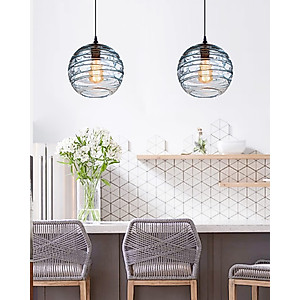 ARIAMOTION Pendant Lights Dining Room Coastal Lighting Fixtures Blue Stripe Seeded Glass Modern Style Ceiling Hanging Kitchen Island Beach House Sunroom Hallway Globe Lamp 9 Inch 2 Pack