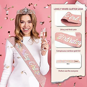 Birthday Crowns for Women, Unique Birthday Girl Sash, Rose Gold Metal Birthday Tiara for Women, Princess Birthday Headband Rhinestone Crown Bday Happy Birthday Party Decorations