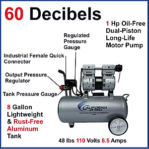 California Air Tools 8010A Aluminum Tank Air Compressor | Ultra Quiet, Oil-Free, 1.0 hp, 8 gal