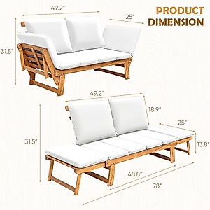 Greesum Patio Convertible Couch Sofa Bed with Adjustable Armrest, Acacia Wood Outdoor Daybed with Cushion & Pillow, Folding Chaise Lounge Bench for Porch Courtyard Poolside，White