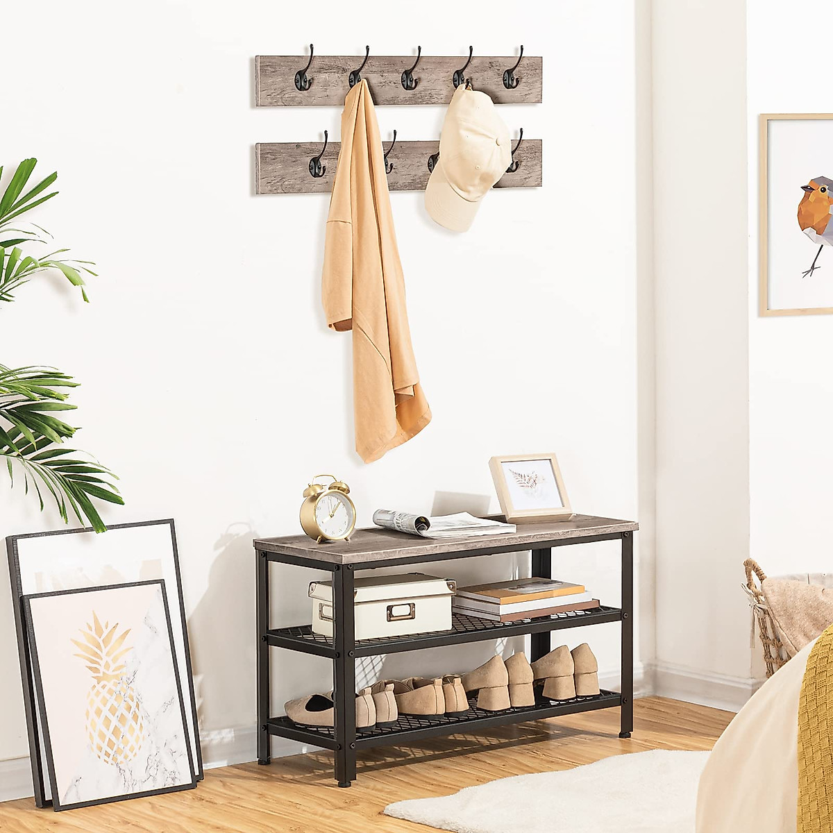 HOOBRO Hall Tree Entryway Storage Bench, Coat Rack Shoe Bench, Shoe Rack Organizer with Coat Hooks, 3-in-1 Design, Wooden Furniture with Metal Frame, Greige and Black BG17MT01