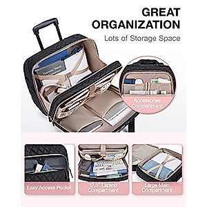 BAGSMART 17.3 Inch Rolling Laptop Bag Women Men,Rolling Briefcase for Women with Wheels,Rolling Computer Bags Laptop Case for Work Travel Business,Quilted Black