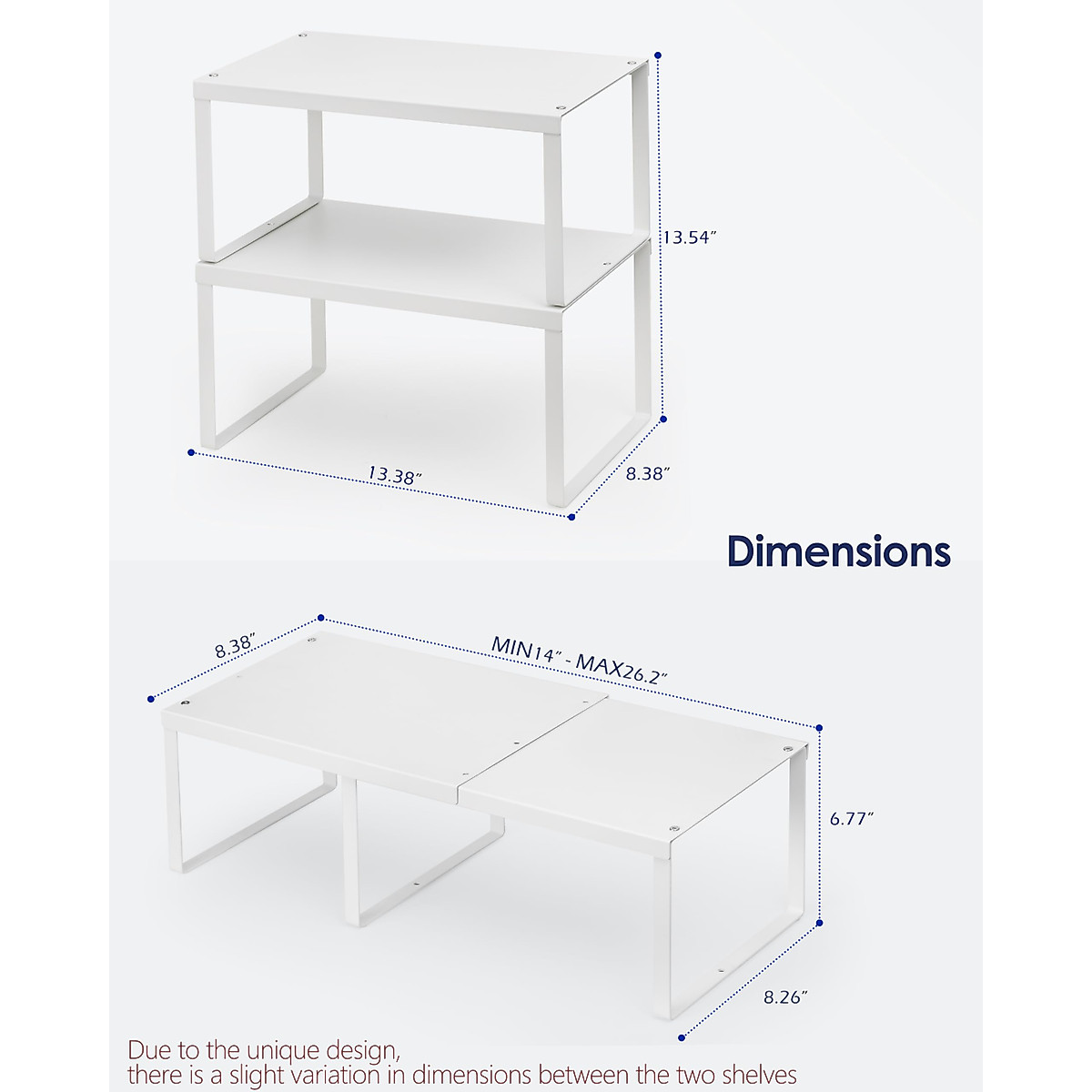 Nxconsu 2Pack Cabinet Shelf Expandable Stackable Organizer Riser for Kitchen Cabinet Pantry Cupboard Under Sink Countertop Organization Accessories Storage Space Saver Multi-Function Metal White