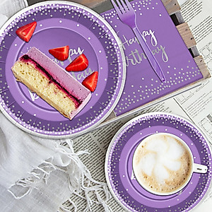 96 Pieces Purple and Silver Birthday Plates and Napkins Party Tableware Set with Happy Birthday Party Decorations,Paper Plates,Napkins and Forks for 24 Guests