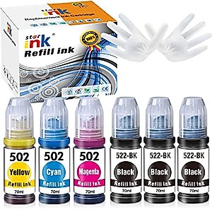 st@r ink Compatible Ink Bottle Replacement for Epson 522 502 Refill for EcoTank ET-2720 ET-2800 ET-4700 ET-4800 ET-2710 ET-2803 Printer(3BK, 1C, 1M, 1Y), 6 Packs